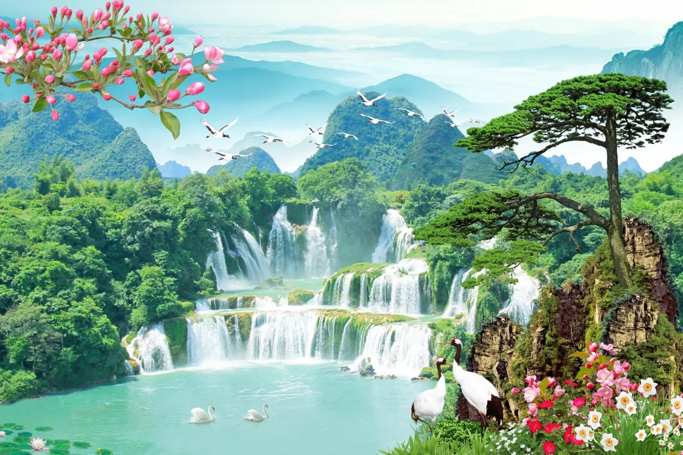 Chinese Style Waterfall 3d Wallpaper Scenery Customizable Large Mural ...