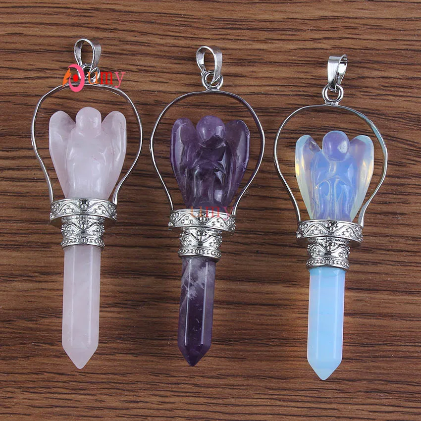 Wholesale Hexagon Column Stones Angel Scepter Pendant Jewelry Set, Rose ...