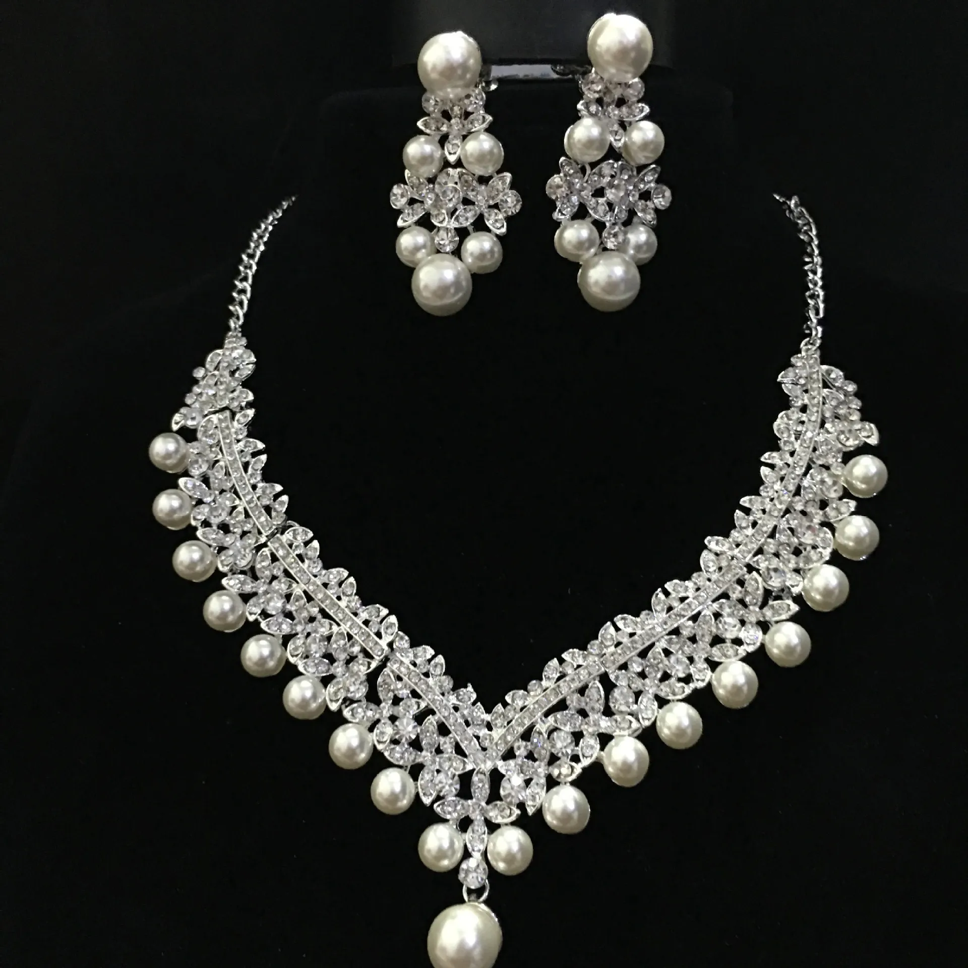 Luxury Bridal Pearl Crystal Necklace And Earrings Set Wedding Jewelry ...