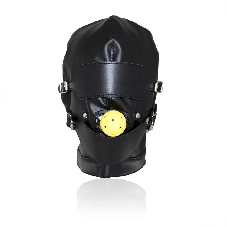 Adult Toys Leather Full Blindfold Mask Hood W/ Mouth Ball Gag Bondage ...