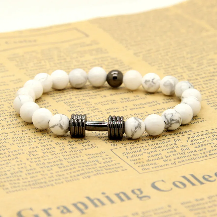 Wholesale 8mm White Howlite Marble Stone Barbell Howlite Bracelet Real ...