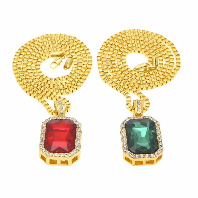 Ruby Necklace For Men Red & Black Square Pendant With 24 Box Chain Gold ...