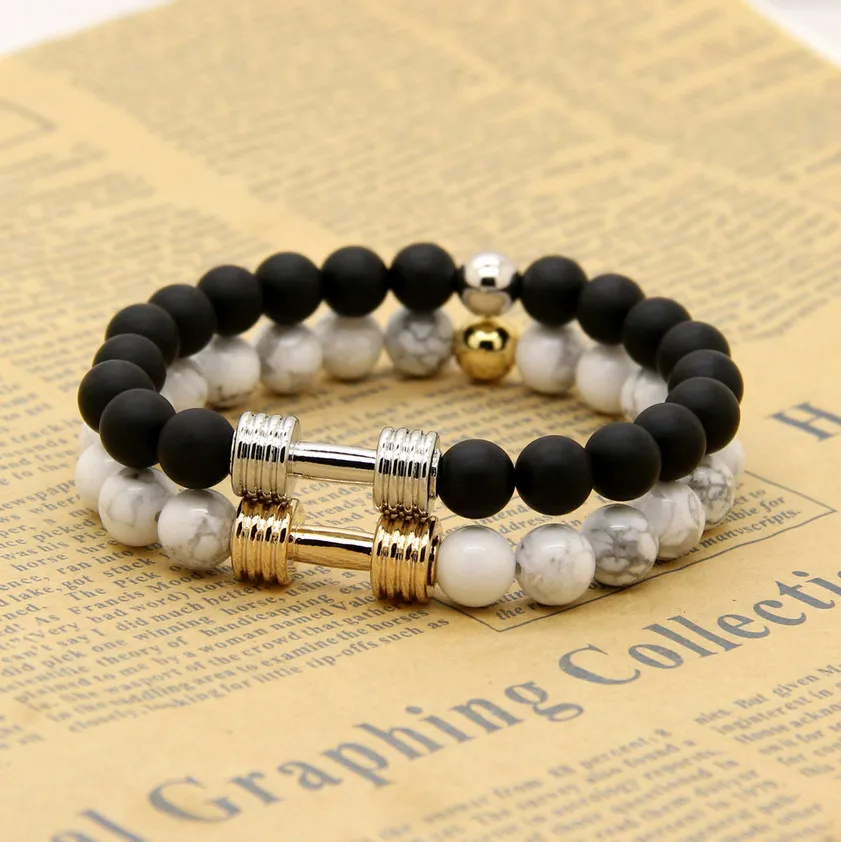 Wholesale 8mm White Howlite Marble Stone Barbell Howlite Bracelet Real ...