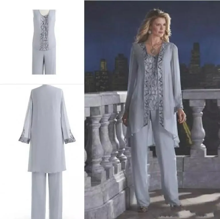 Gray 2019 Mother Of The Bride Three Piece Pant Suits Chiffon Beach ...
