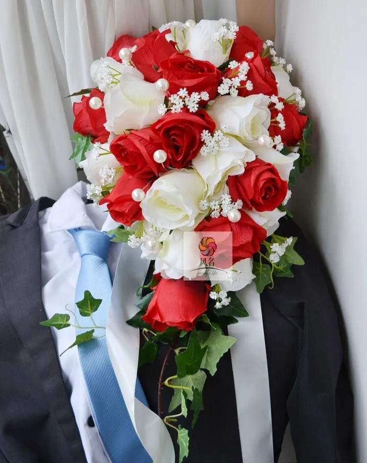 Elegant Cascading Wedding Bouquet: Red, White, & Blue Roses with Pearl ...
