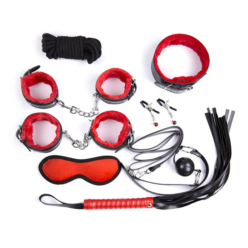Wholesale Leather Plush Sm Restraints Bondage Set Fetish Collar Whip