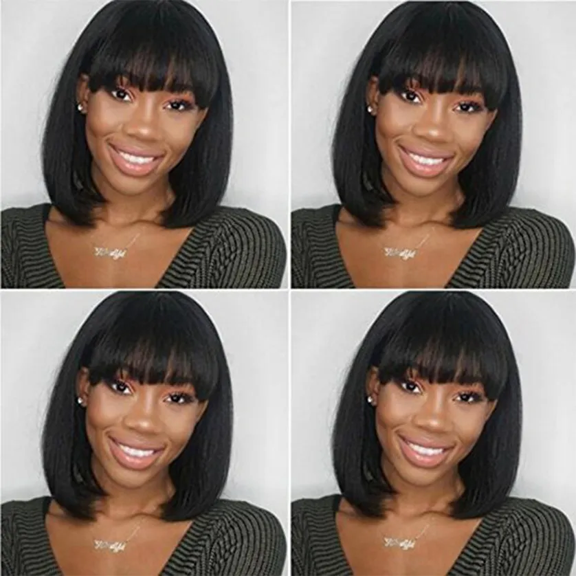 Full Lace Human Hair Short Bob Wig with Full Bangs, Yaki Straight ...