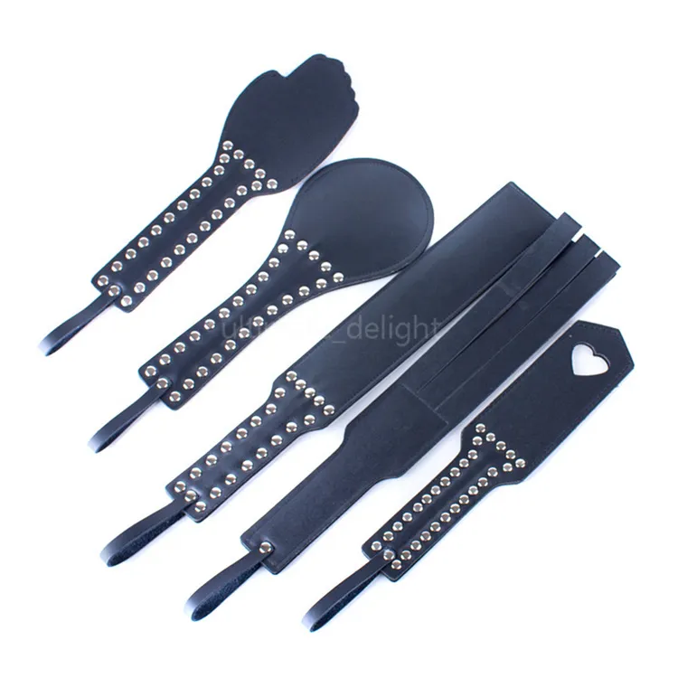 270mm Black Leather Studed Hollow Heart Paddle BDSM Flogging Kit Slave ...