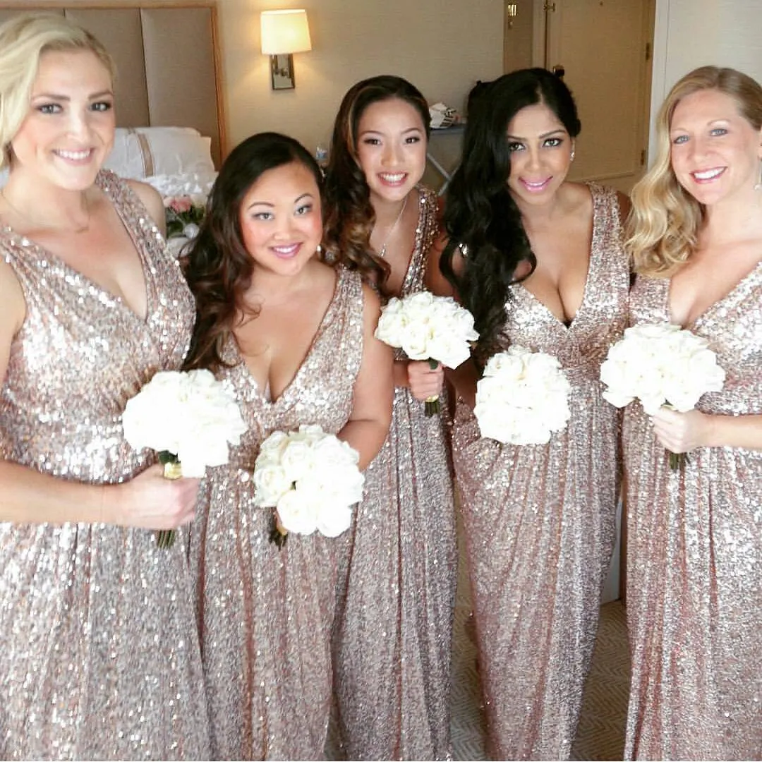 Champagne Deep V-Neck Long Bridesmaid Dresses with Sparkly Sequins ...