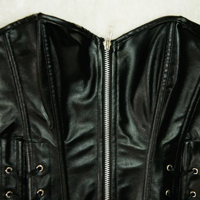 Black Strapless Faux Leather Sexy Corset Front Zipper Women Bustier S