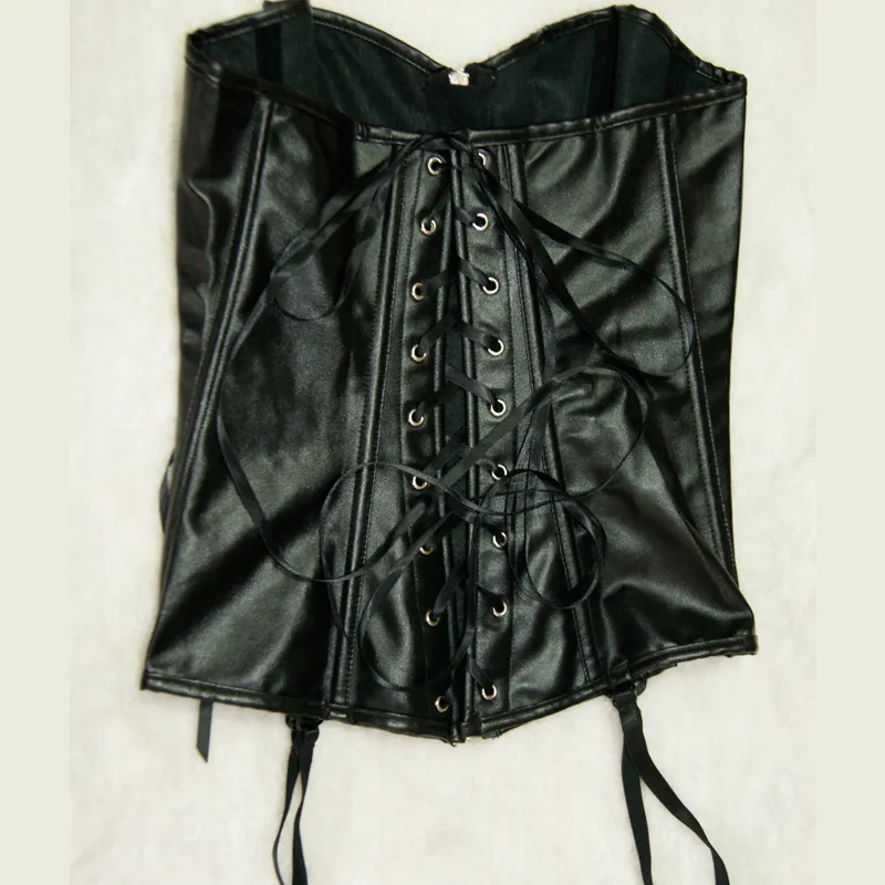 Black Strapless Faux Leather Sexy Corset Front Zipper Women Bustier S
