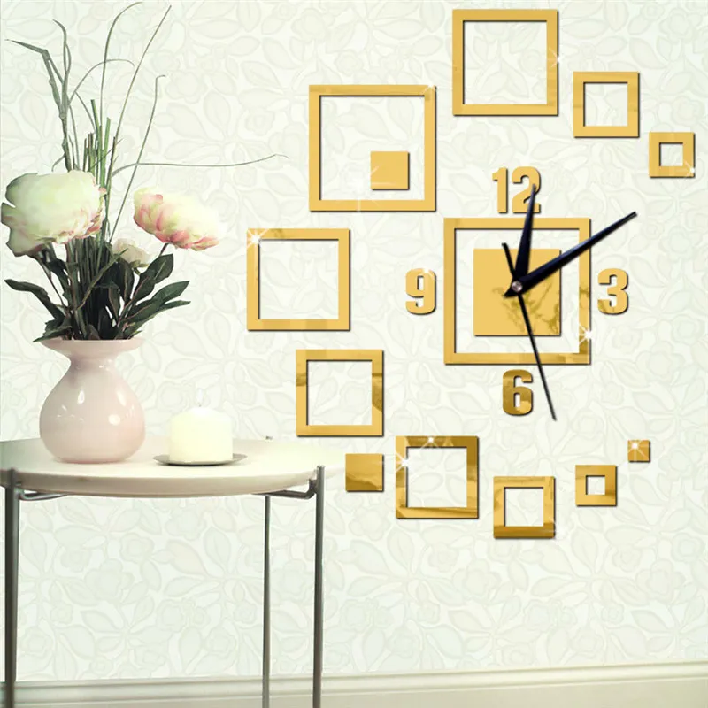 3D DIY Acrylic Mirror Wall Clock Modern Home Decor, DIY Creative Square ...