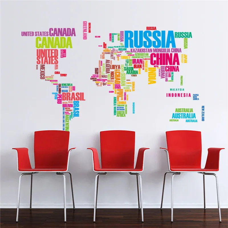 Colorful Letters World Map Wall Stickers Living Room Home Decorations ...