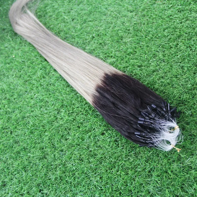 Ombre Human Hair Grey Silver Micro Loop Hair Extensions 100g 1g/strand ...