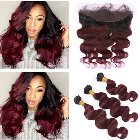 Burgundy Ombre Body Wave Lace Frontal Closure 13x4 With Wine Red Oebre ...