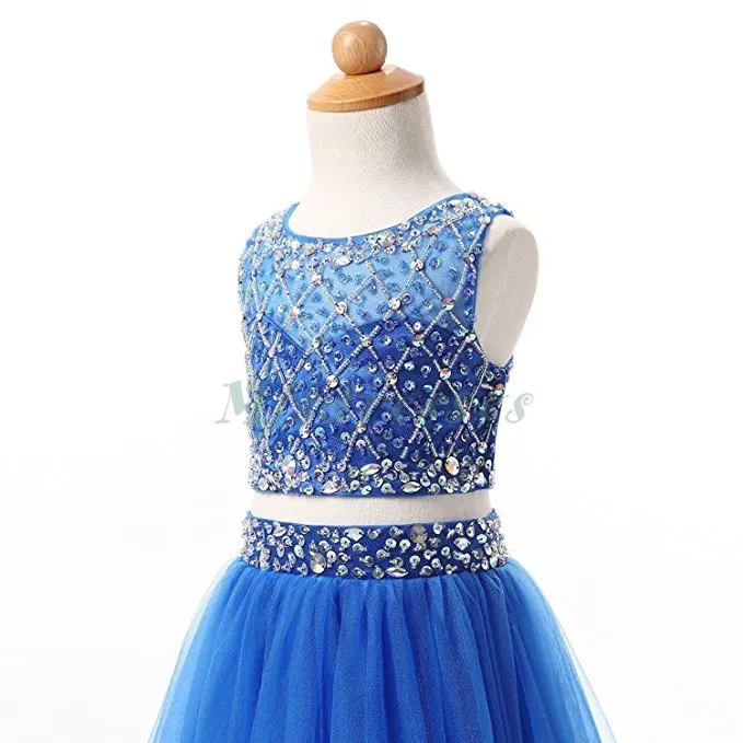 Royal Blue Tulle Prom Dresses: Two Piece Floor Length Beaded Flower ...