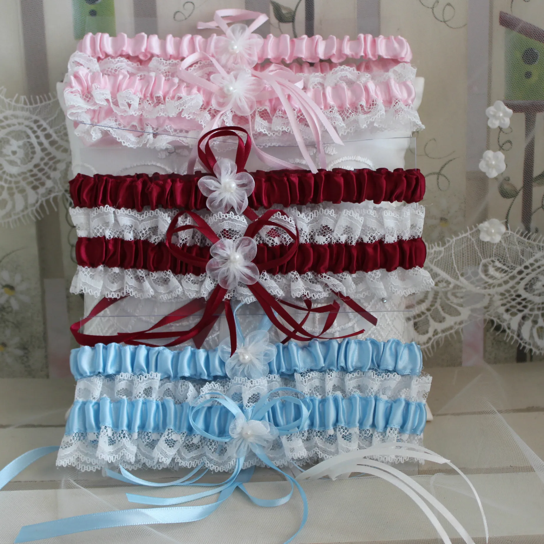 Bridal Garter Set Hot Sale Wedding Garters In Burgundy Pink Sky Blue ...