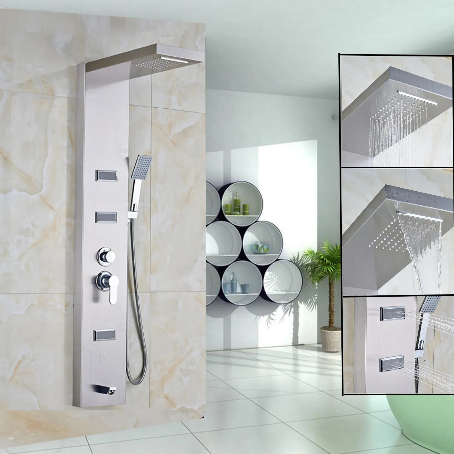 Waterfall Head Shower Panel System with Massage Jets and Tub Tap ...