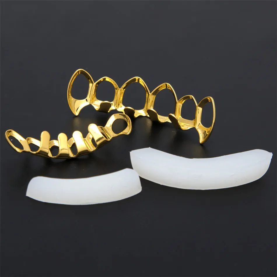 Custom Fit Hip Hop Fake Gold Teeth Grillz With Gold Open Face Caps, Top ...
