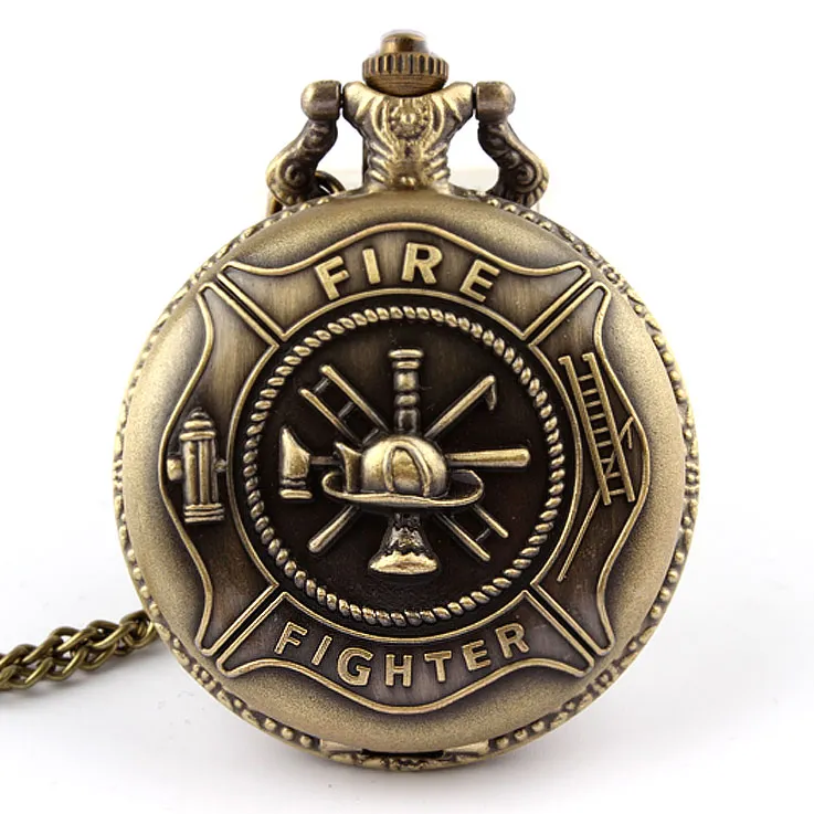 Bronze Fire Fighter Gothic Pocket Watch Necklace Pendant Chain ...