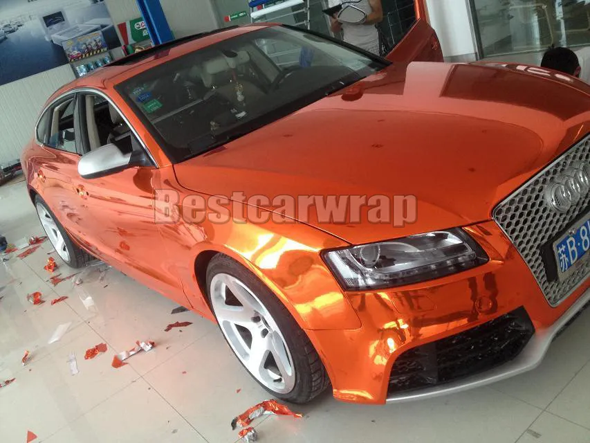 Stretchable Orange Chrome Vinyl Car Wrap Easy Install Air Bubble Free ...