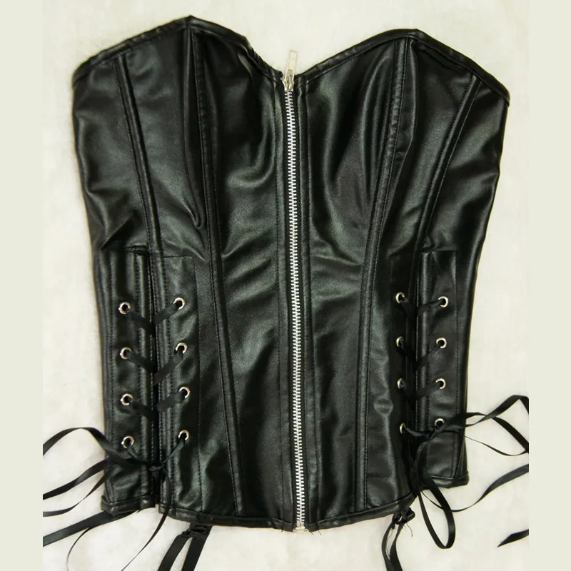 Black Strapless Faux Leather Sexy Corset Front Zipper Women Bustier S
