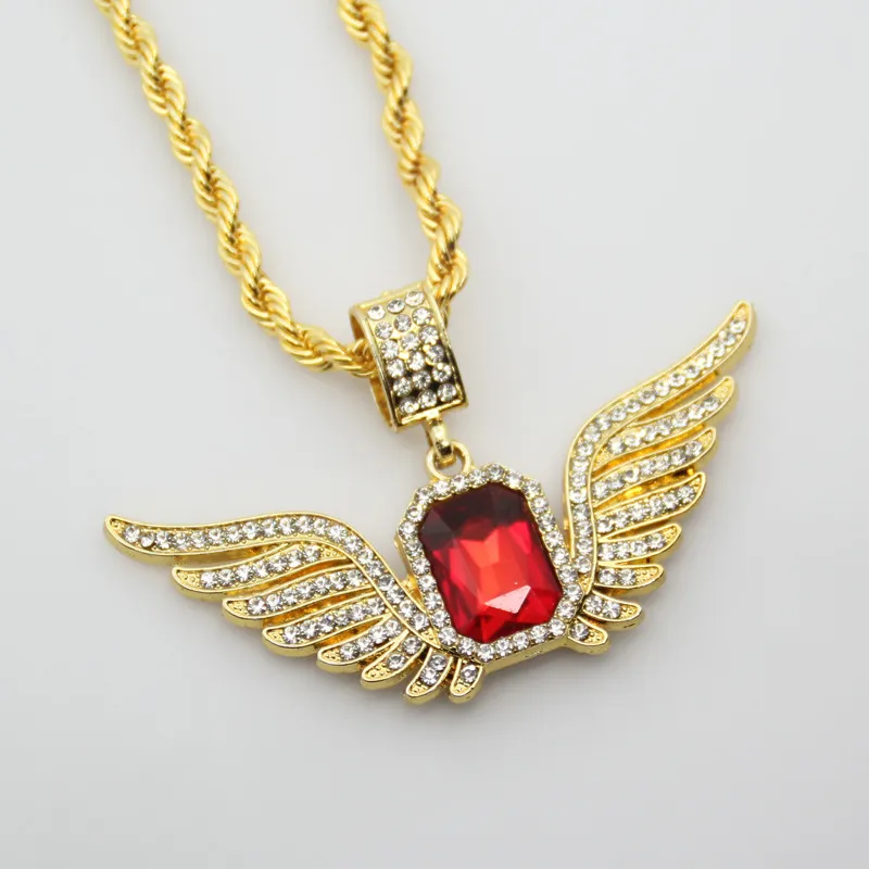 Hip Hop Angel Wings With Big Red Ruby Pendant Necklace For Men Women ...