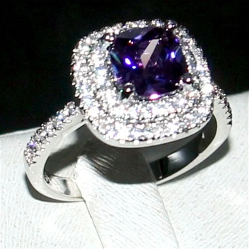 925 Sterling Silver Gemstone Rings Princess Cut Purple Crystal Wedding ...