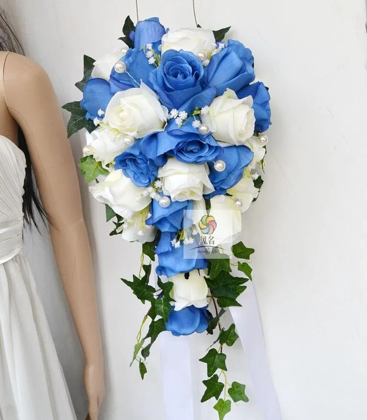 Elegant Cascading Wedding Bouquet: Red, White, & Blue Roses with Pearl ...