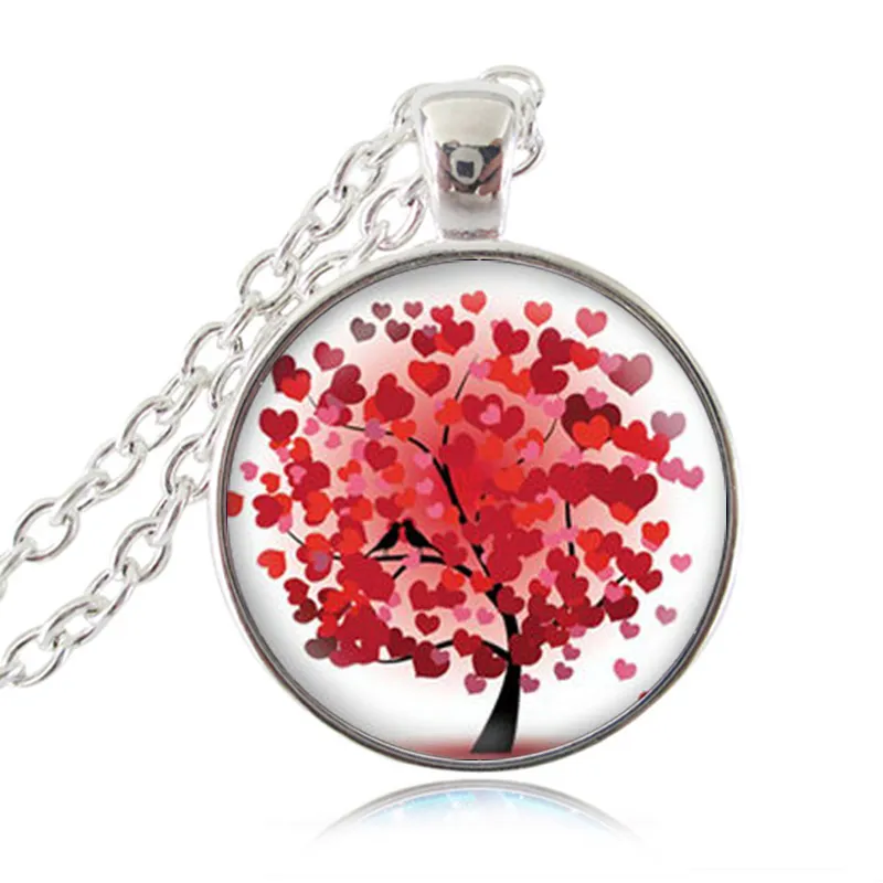 Red Heart Tree Family Tree Necklace With Love Birds Photo Pendant Glass ...