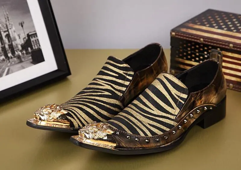 Mens Genuine Leather Gold Dress Shoes Mens With Zebra Stripes British ...