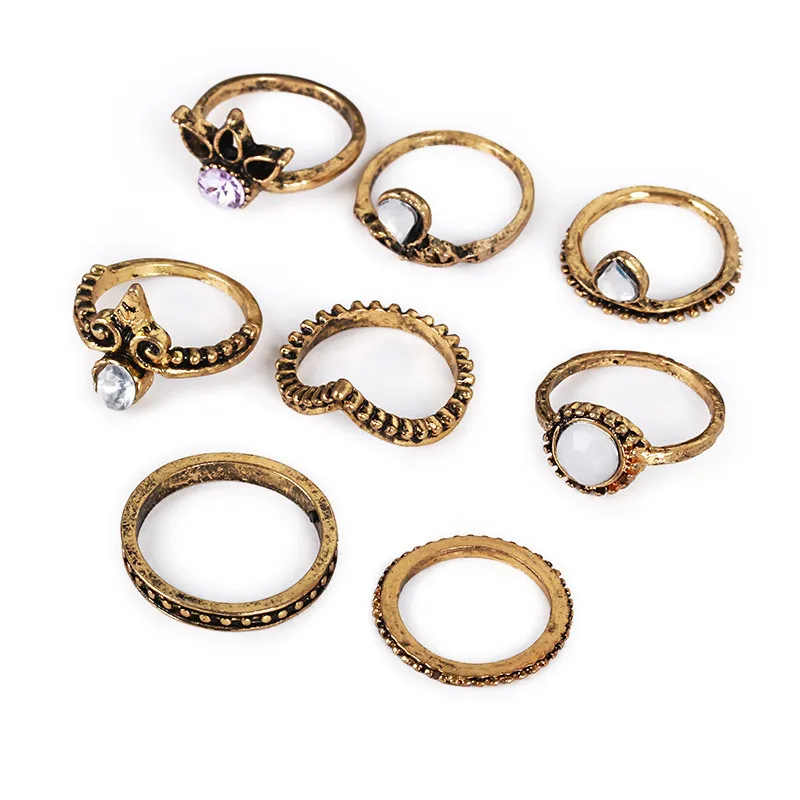 Vintage Midi pandora rings Set - Crown White Gem Bronze Brass Knuckle ...