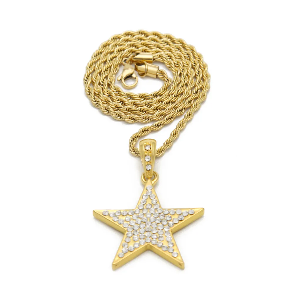 Gold Star Pendant Necklace Hip Hop Long Chain 18K Gold Plated Stainless ...