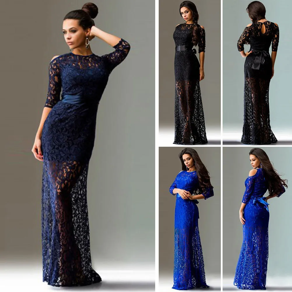 Full Lace Prom Dresses Hollow Back 3/4 Sleeve A-Line Floor-Length ...