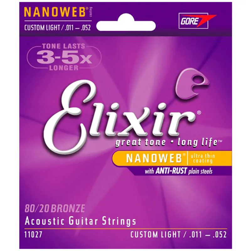 Elixir 11027 Elixir Acoustic Guitar Strings Strings 011 052 80/20 Bronze, With NANOWEB Ultra ...