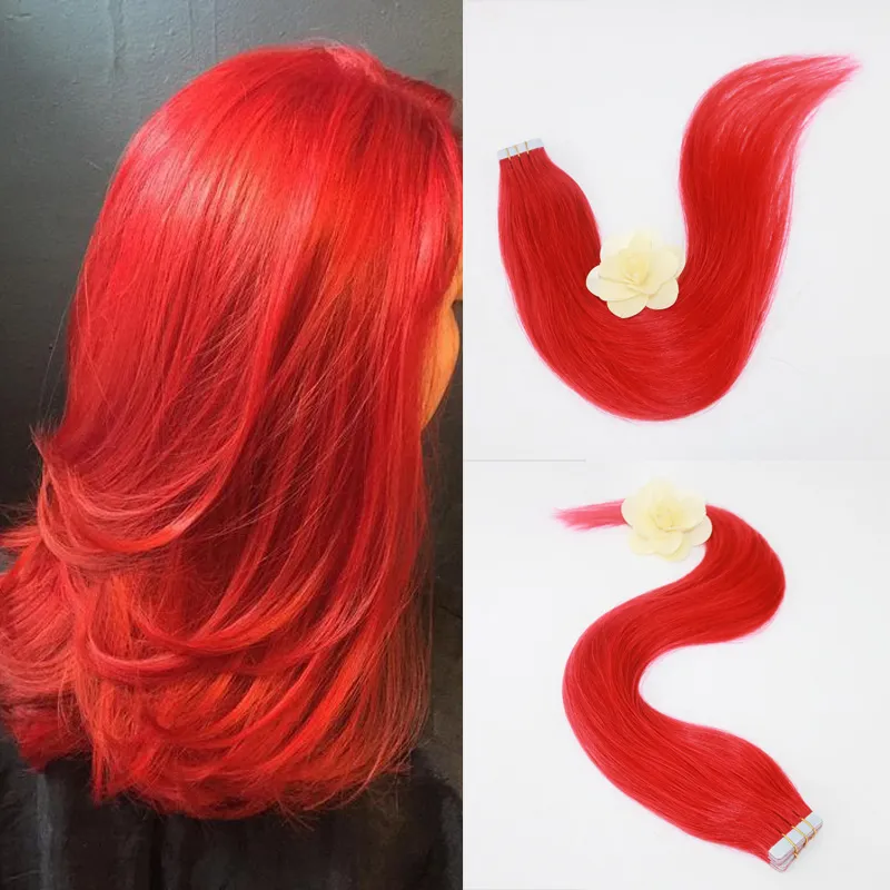 Full Red Tape In Hair Extensions, 100% Virgin Remy Human Hair, Straight ...