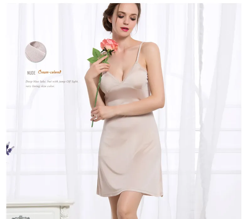 Wholesale Women Full Slips Real Silk Sexy Slip Solid V Deep Neck Anti