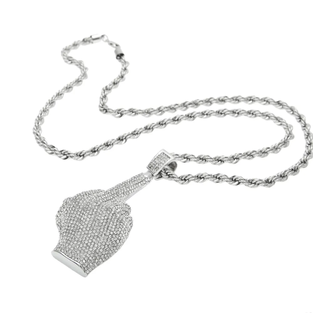 Iced Out Middle Finger Pendant Necklace For Men Rhinestone Hand With ...