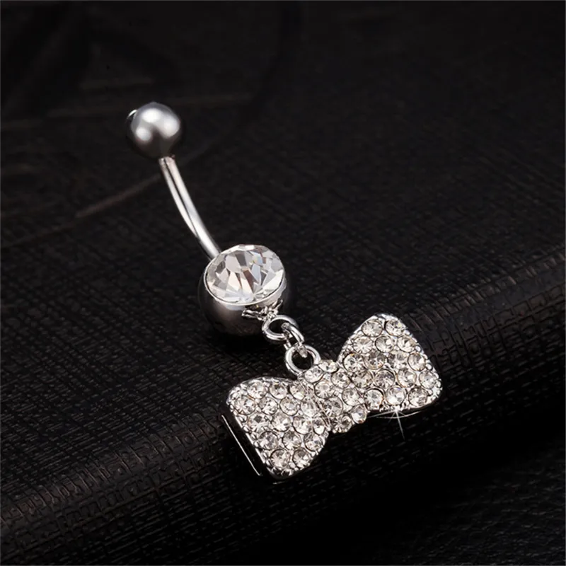 Titanium Belly Button Rings With Sparkling CZ Crystal Bowknot Dangle ...