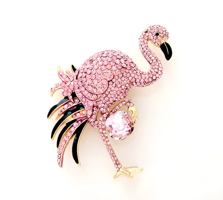 Elegant Gold Tone Crystal Flamingo Brooch Pink Enamel Bird Pin For ...