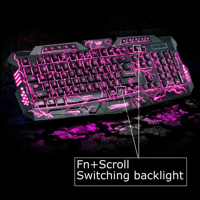 ₩17,638에서 100 % 원래 M200 LED 키보드 3 색 조정 가능한 LED 백라이트 균열 조명 된 USB 멀티미디어 ...