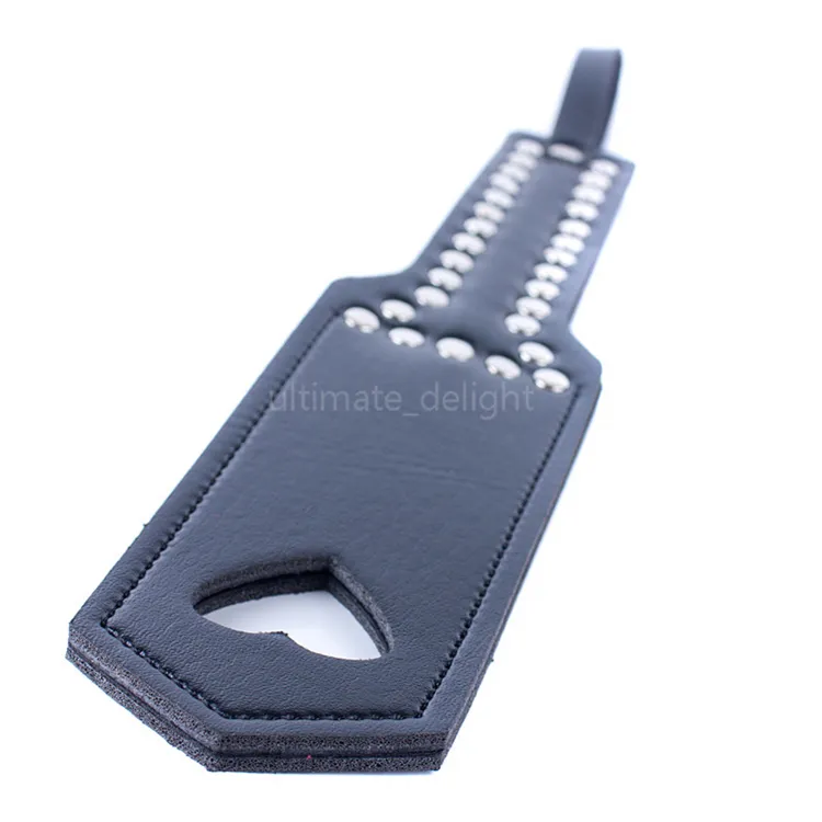 270mm Black Leather Studed Hollow Heart Paddle BDSM Flogging Kit Slave ...