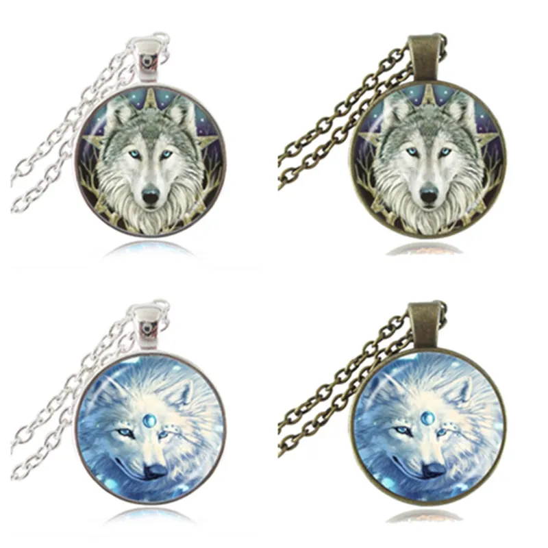 Wicca Wolf Head Photo Zodiac Necklace With Pentagram Pendant Animal ...