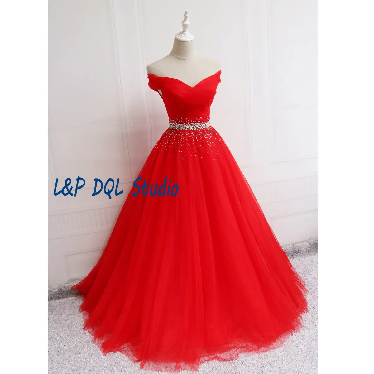 Dark Red Off Shoulder Ball Gown Red Sequin Formal Dress With Lace Up ...