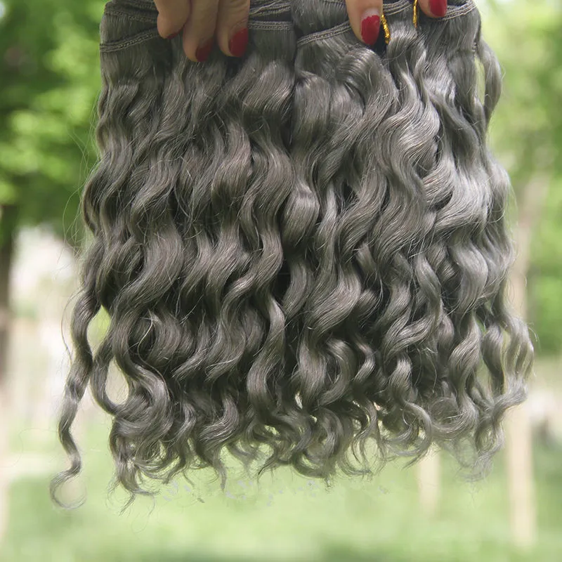 Grey Colored Hair Weave Deep Wave Curly Human Hair Extensions, Silver ...