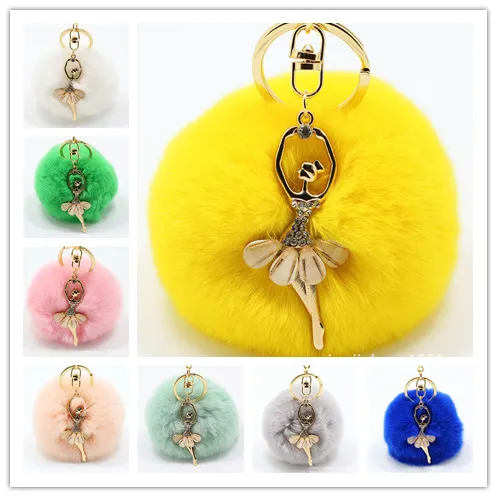 Fluffy Rabbit Fur Ball Keychain: Soft Diamond Angel Poms Plush Keyring ...