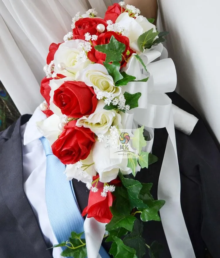 Elegant Cascading Wedding Bouquet: Red, White, & Blue Roses with Pearl ...