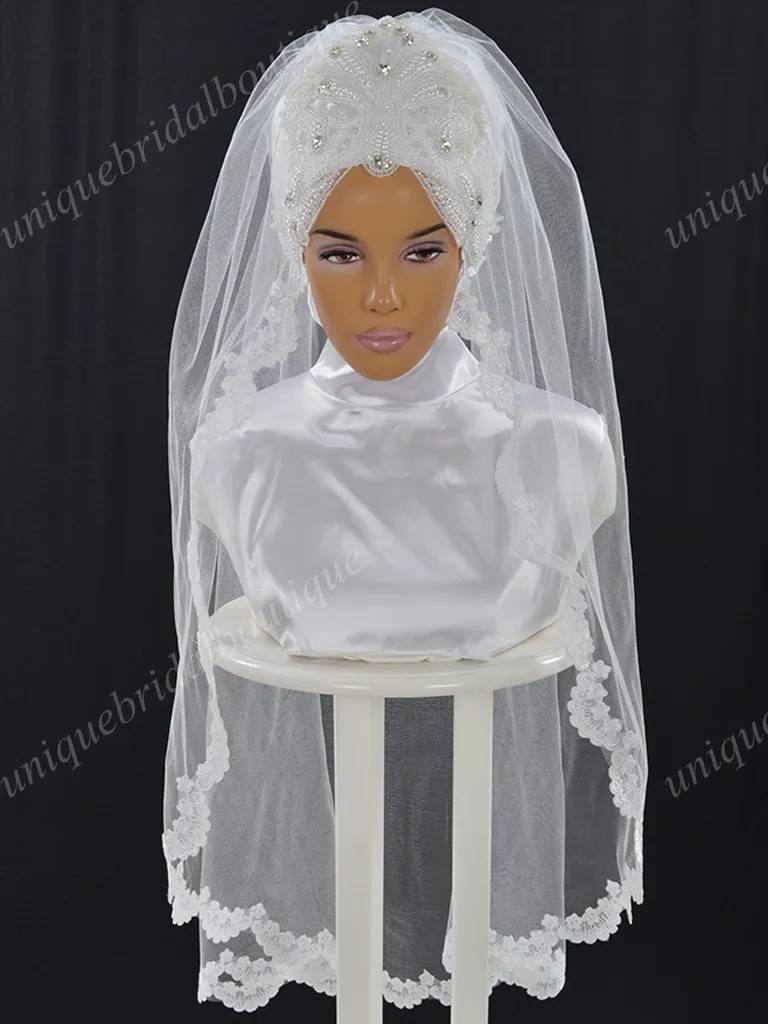 Bridal Hijab With Pearls & Lace Appliques Elbow Length, Ready To Wear ...