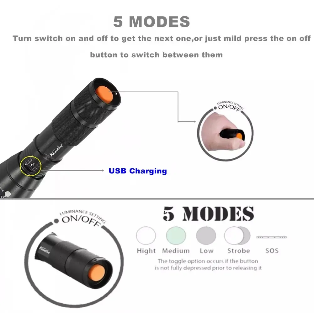AloneFire G700-U Zoomable LED Flashlight, Waterproof USB Rechargeable Torch with 18650 Battery ...
