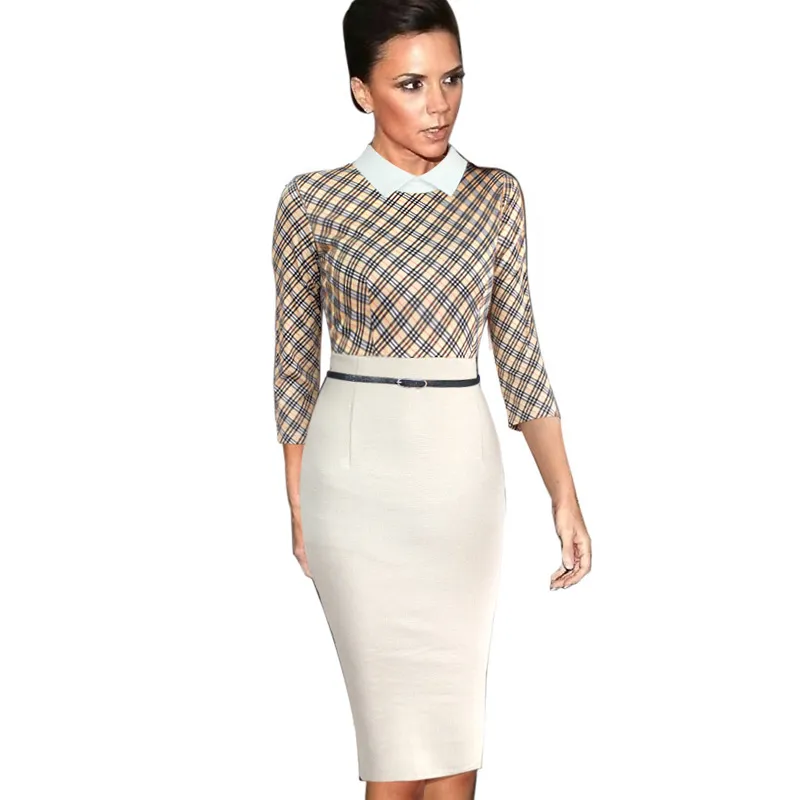 New Fashion Women's Elegant Belted Colorblock Tunic Stretch Pencil ...